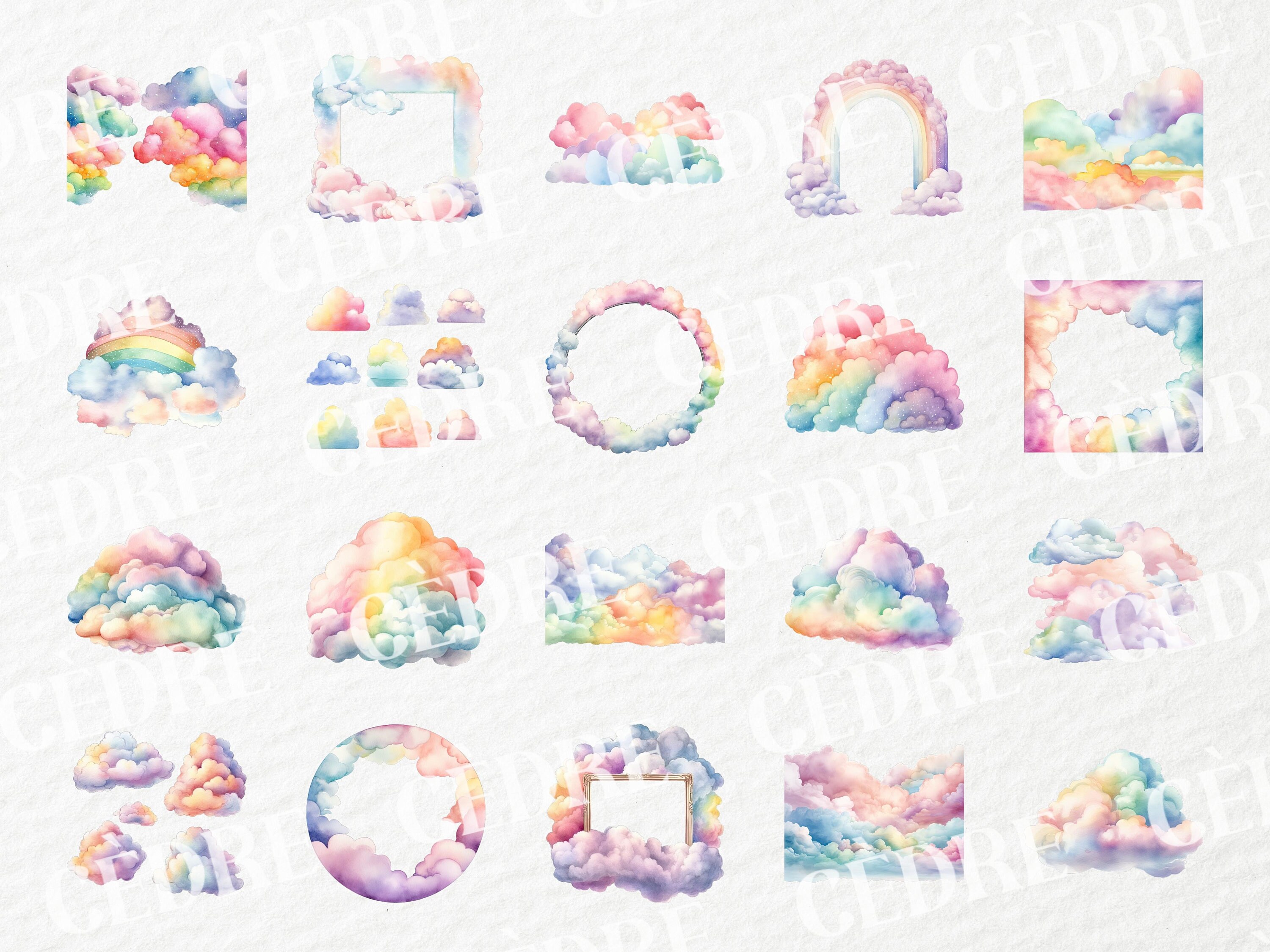 Watercolor Pastel Clouds Clipart, Rainbow Fluffy Clouds Clipart ...