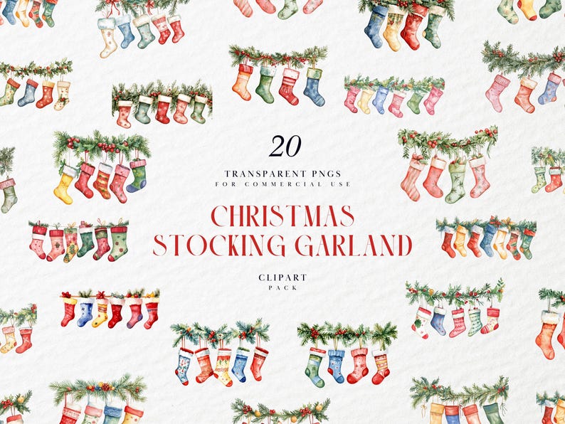 Watercolor Christmas Garland With Stockings Clipart, Wide Hanging ...