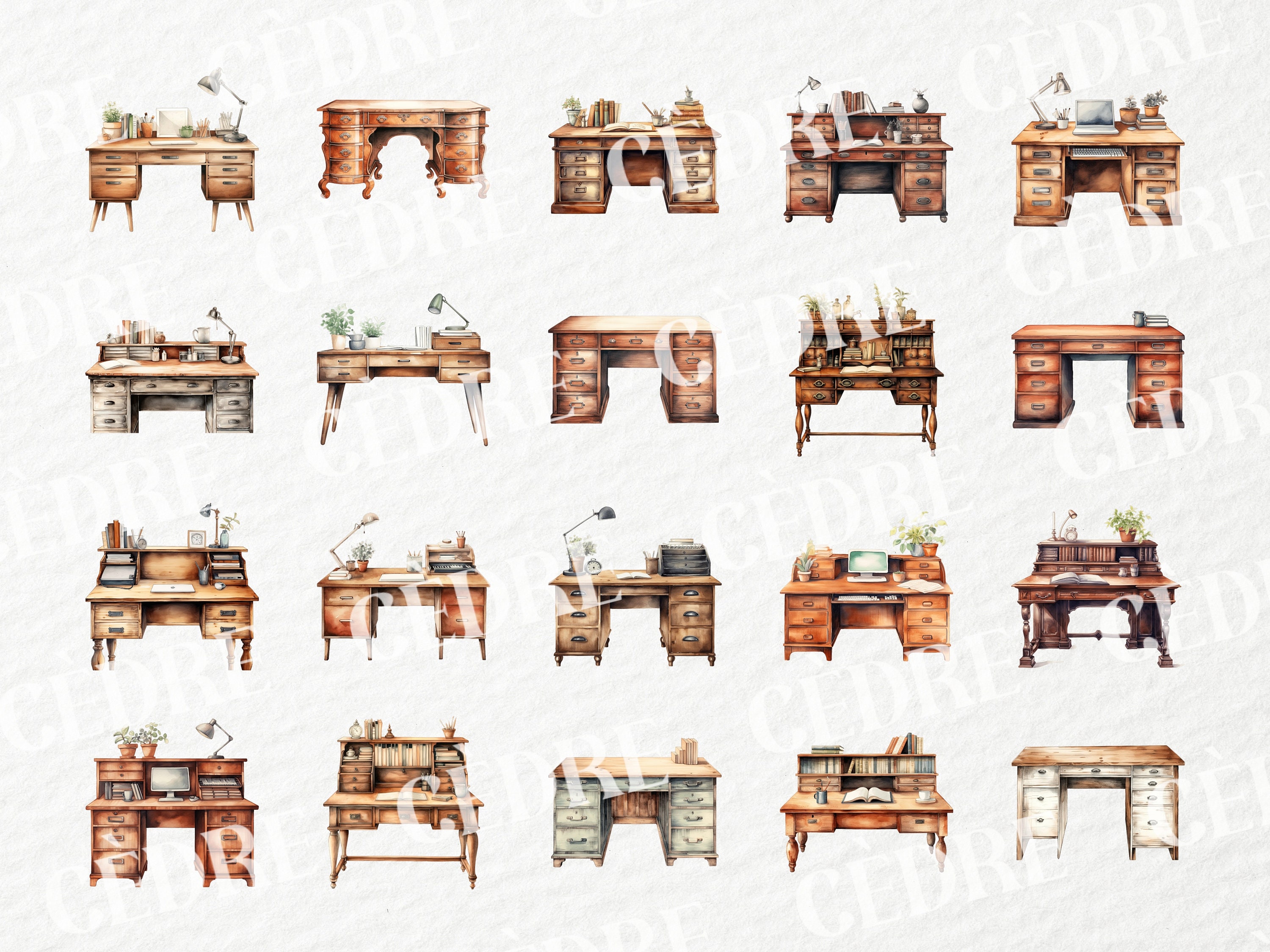 Watercolor Wooden Desk Clipart, Old Study Desk Clipart, Vintage Writing ...