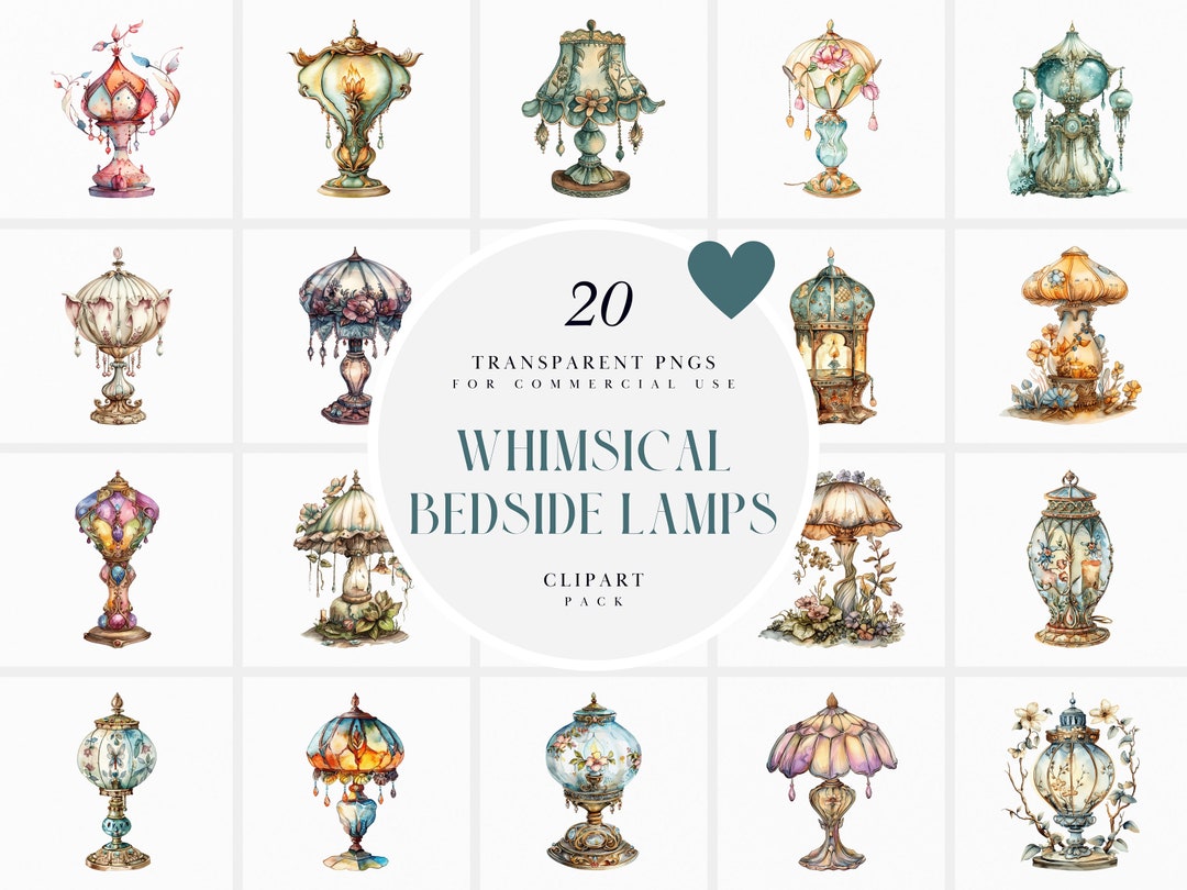 Watercolor Fantasy Bedside Lamps Clipart, Whimsical Hand Held Lamps ...