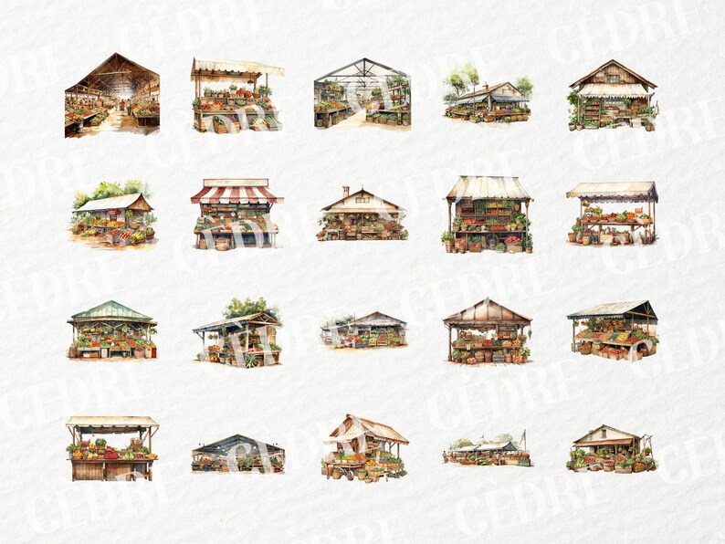 Watercolor Farmers Market Clipart, Fruit Market Clipart, Vegetable ...