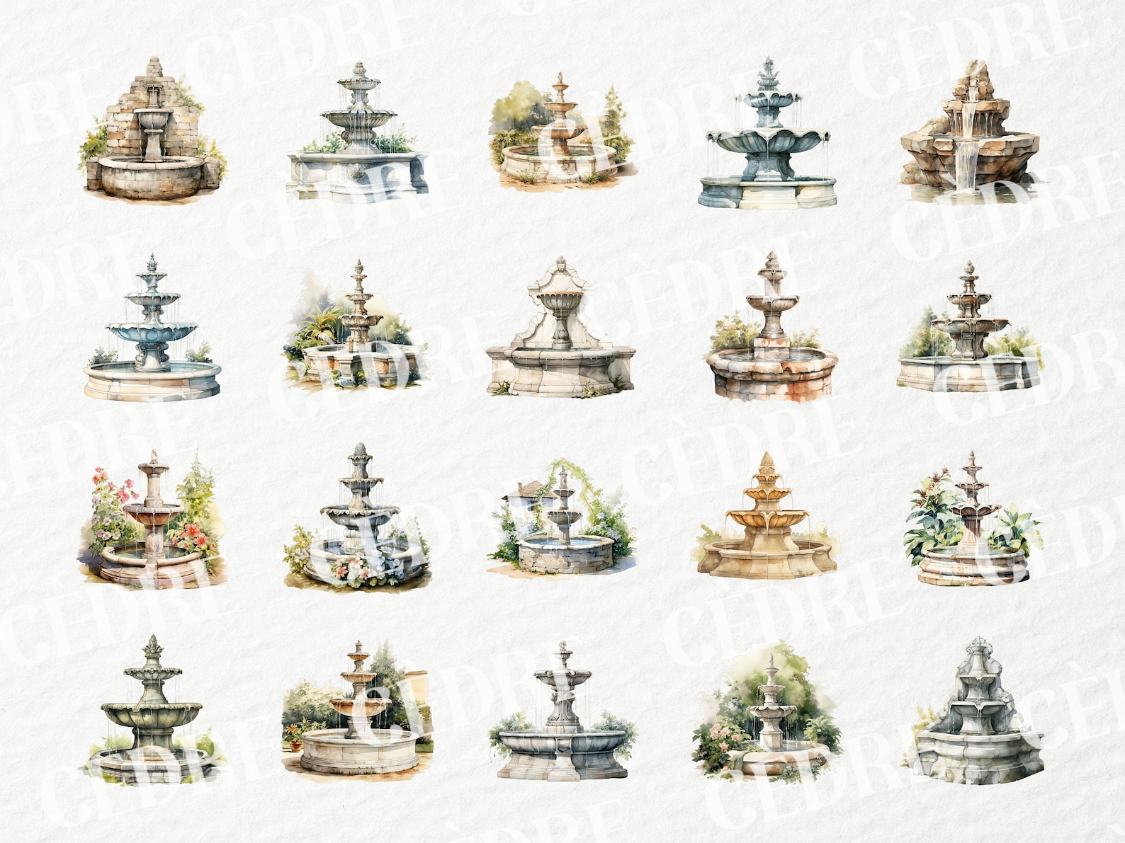 Watercolor Stone Water Fountain Clipart, Garden Fountain Clipart, Stone ...