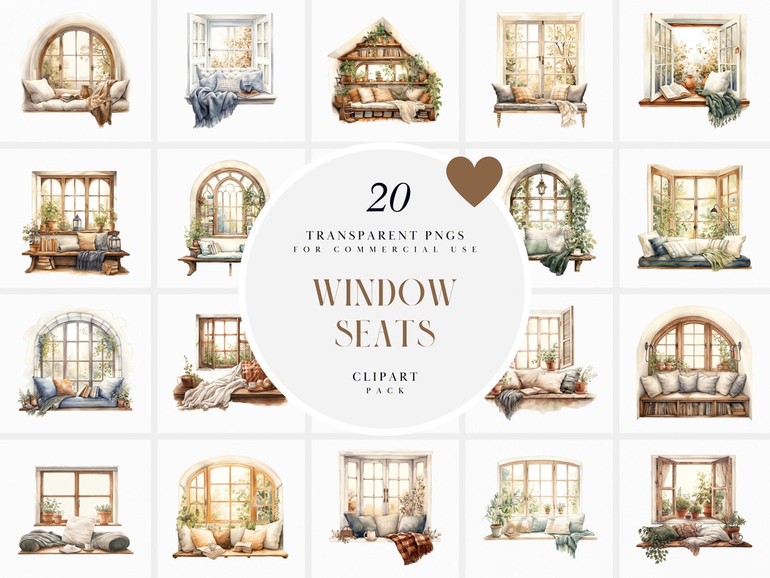 Watercolor Window Seat Clipart, Cozy Window Seats Clipart, Reading Nook ...