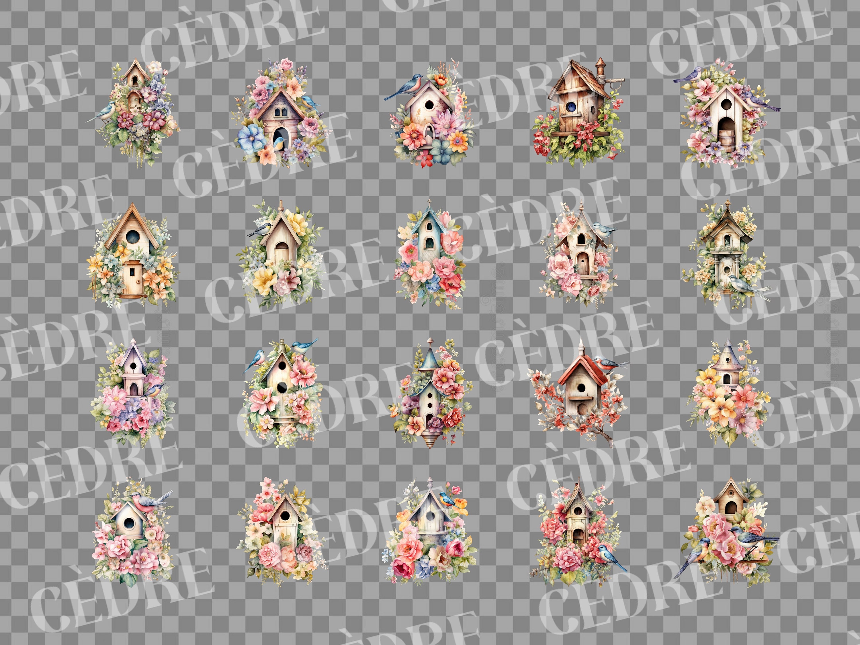 Watercolor Floral Birdhouse Clipart, Floral Garden Birdhouses Clipart ...