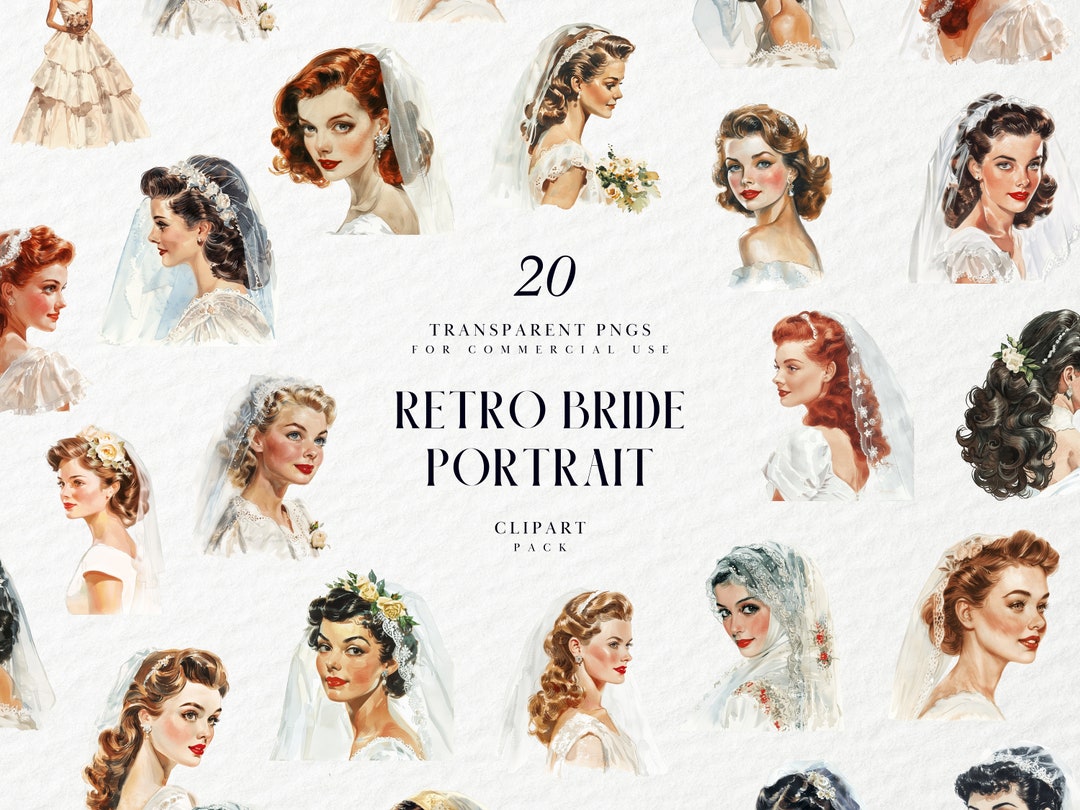 Watercolor Retro Bride Portrait Clipart, Close up Pin up Vintage Bride ...