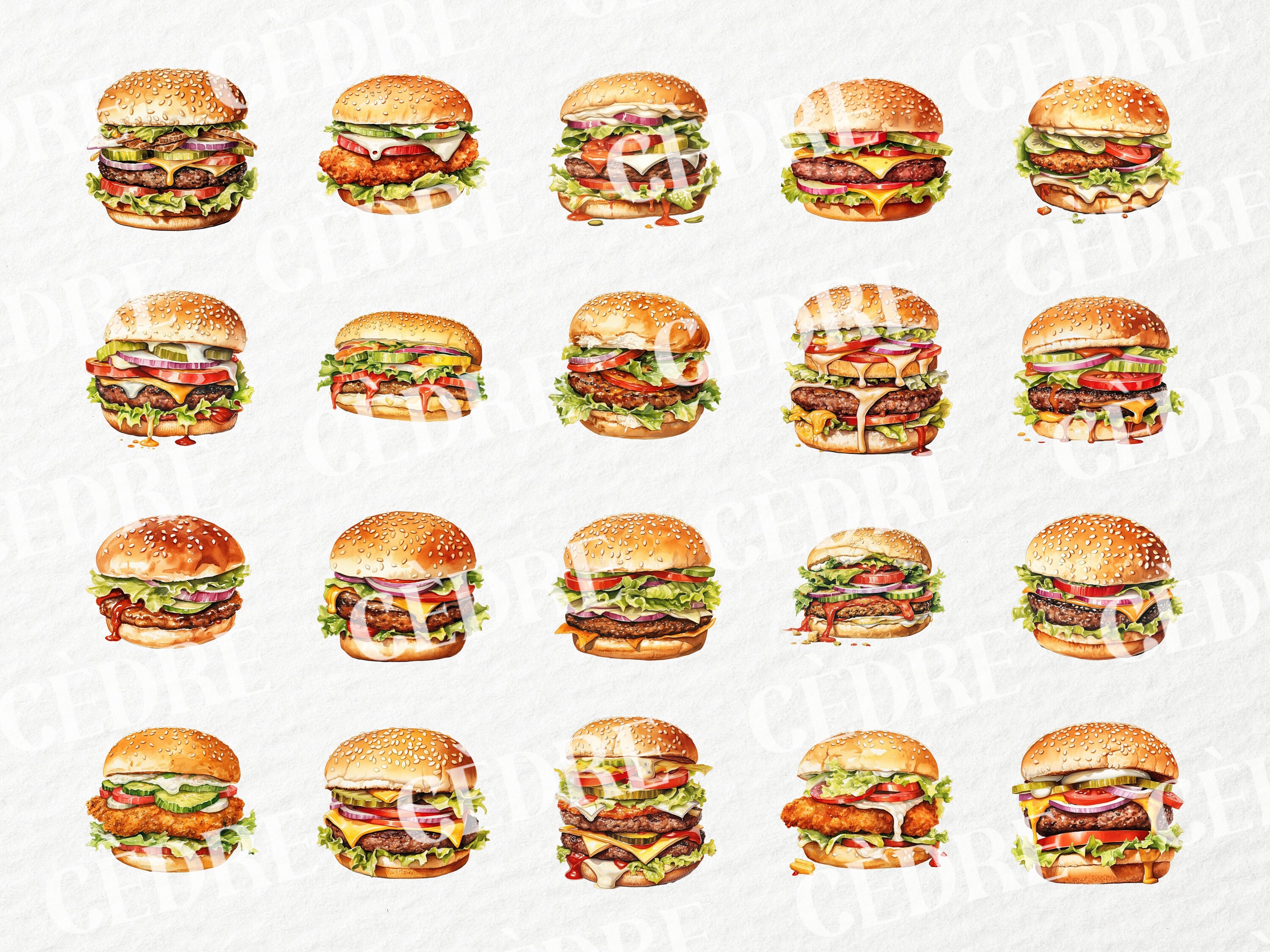 Watercolor Hamburger Clipart, Cheeseburger Clipart, Burgers Clipart ...