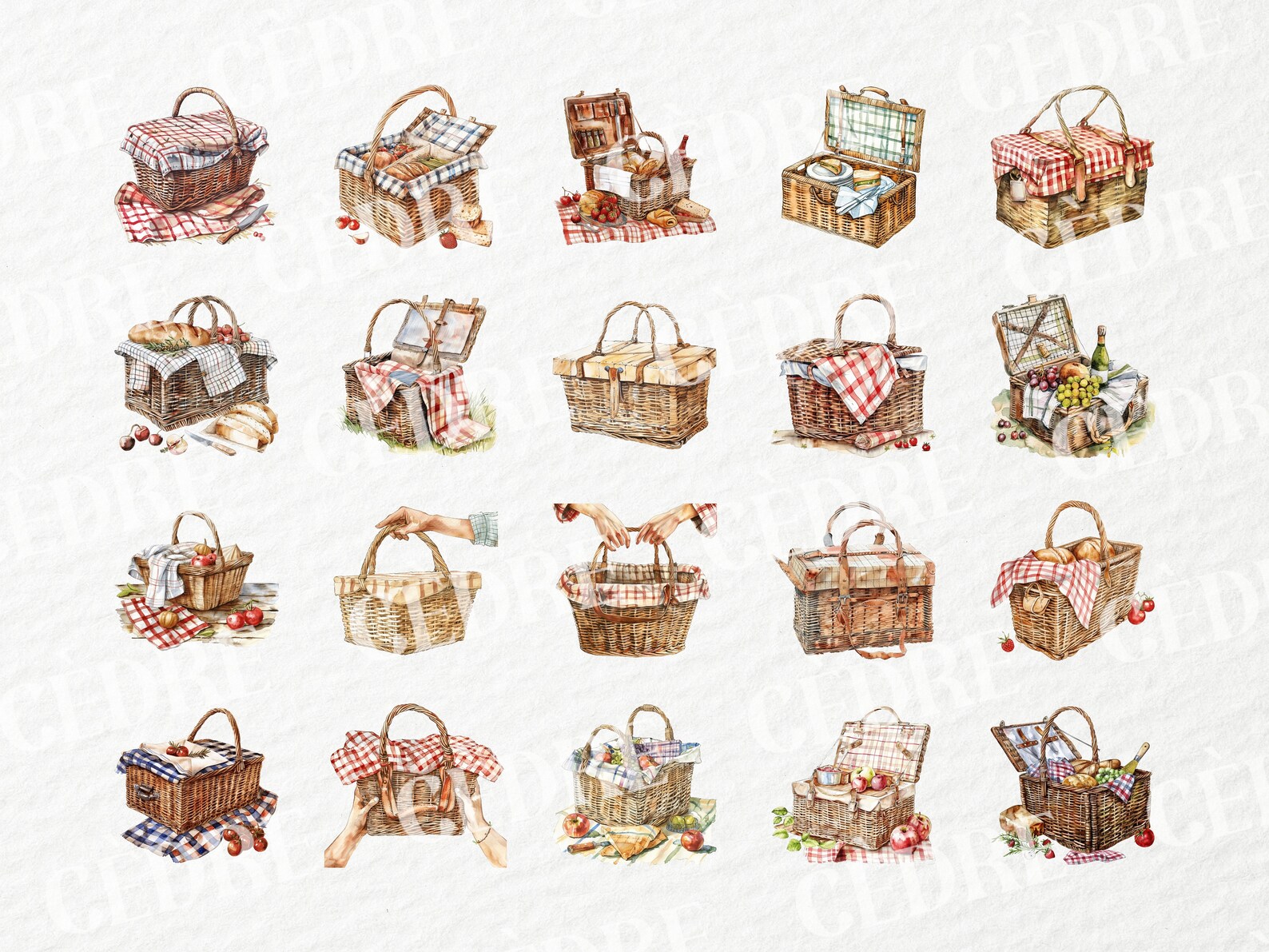 Watercolor Picnic Basket Clipart, Woven Baskets Picnic Clipart ...