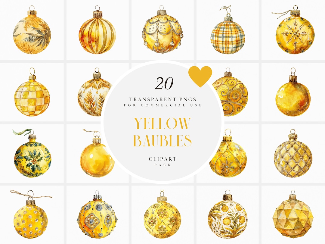 Watercolor Yellow Baubles, Christmas Globes, Christmas Tree Ornaments ...
