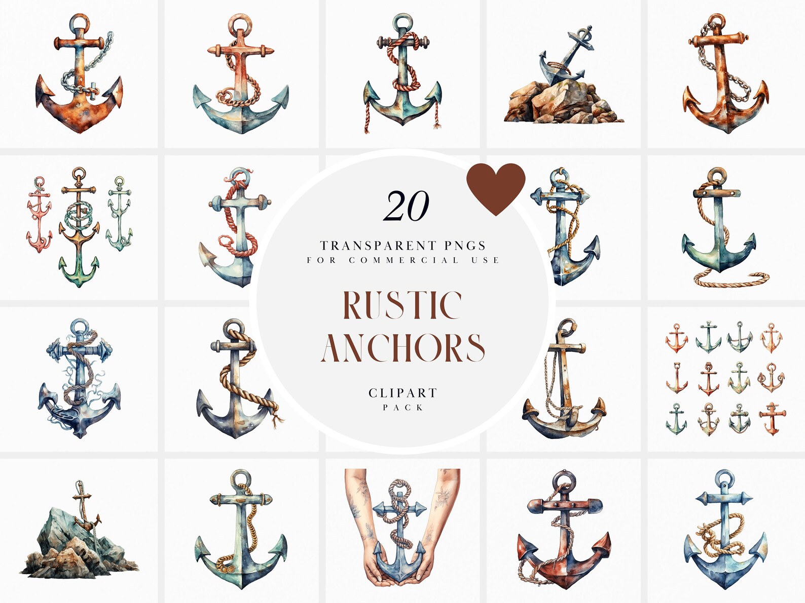 Watercolor Nautical Rustic Anchor Clipart, Maritime Rustic Anchors ...