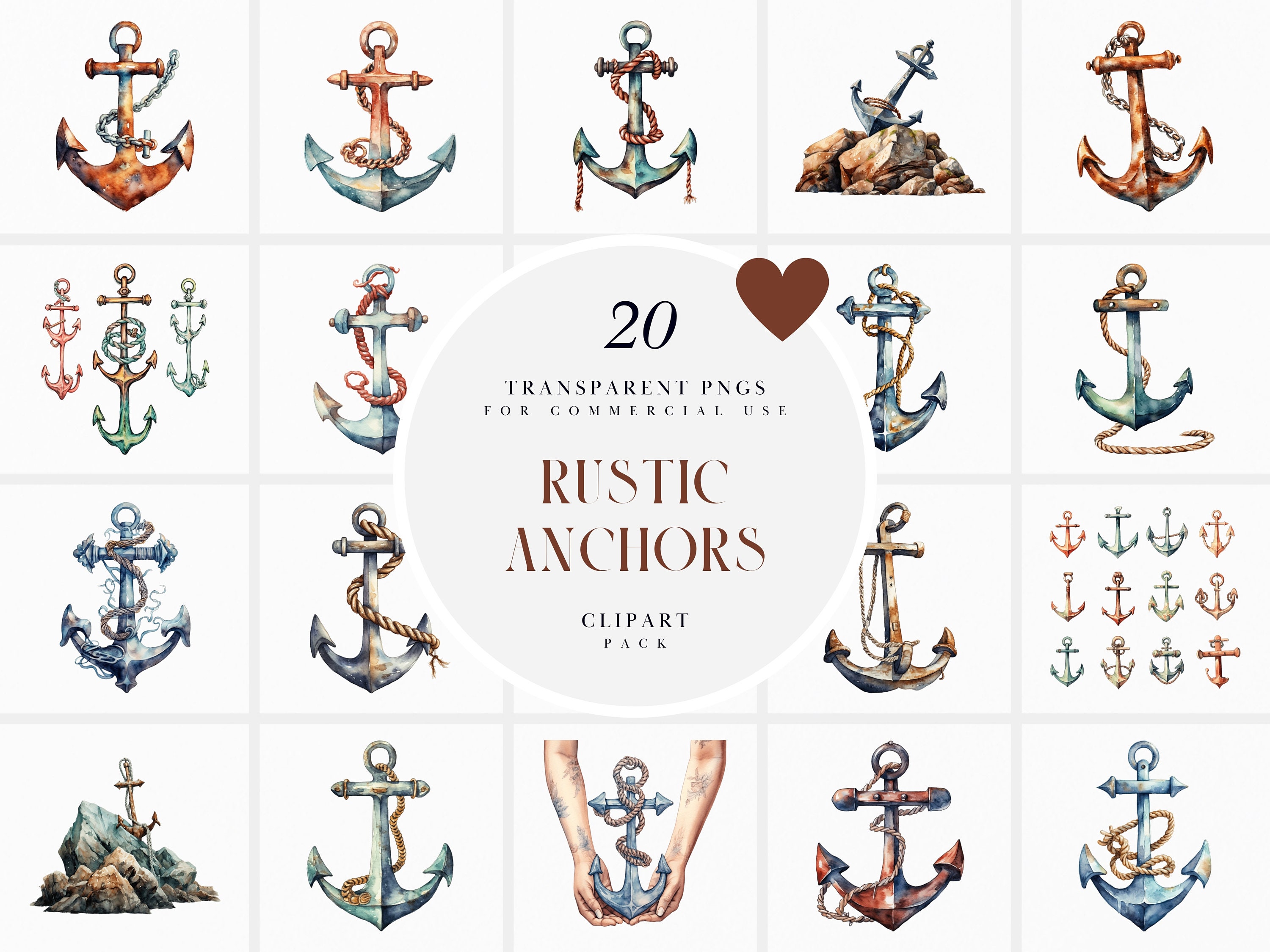 Watercolor Nautical Rustic Anchor Clipart, Maritime Rustic Anchors ...