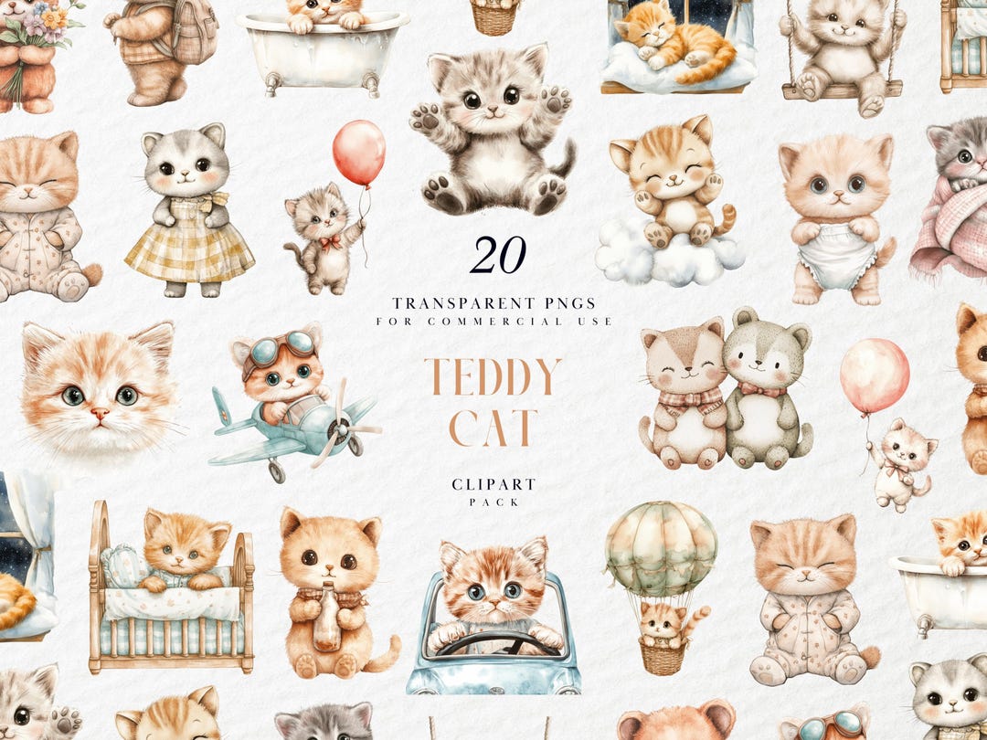 Watercolor Teddy Cat Clipart, Adorable Baby Kitten, Stuffed Animal ...