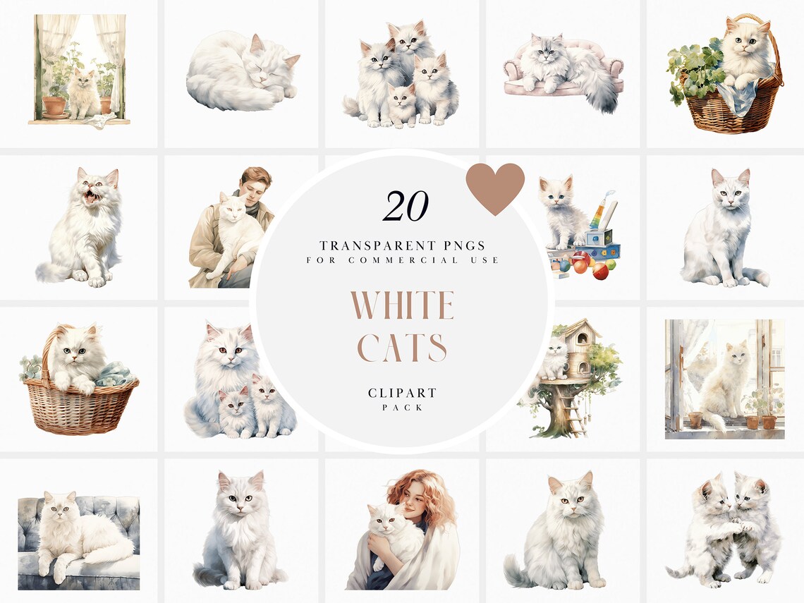 Watercolor White Cat Clipart, Cute White Cats Clipart, White Kittens ...