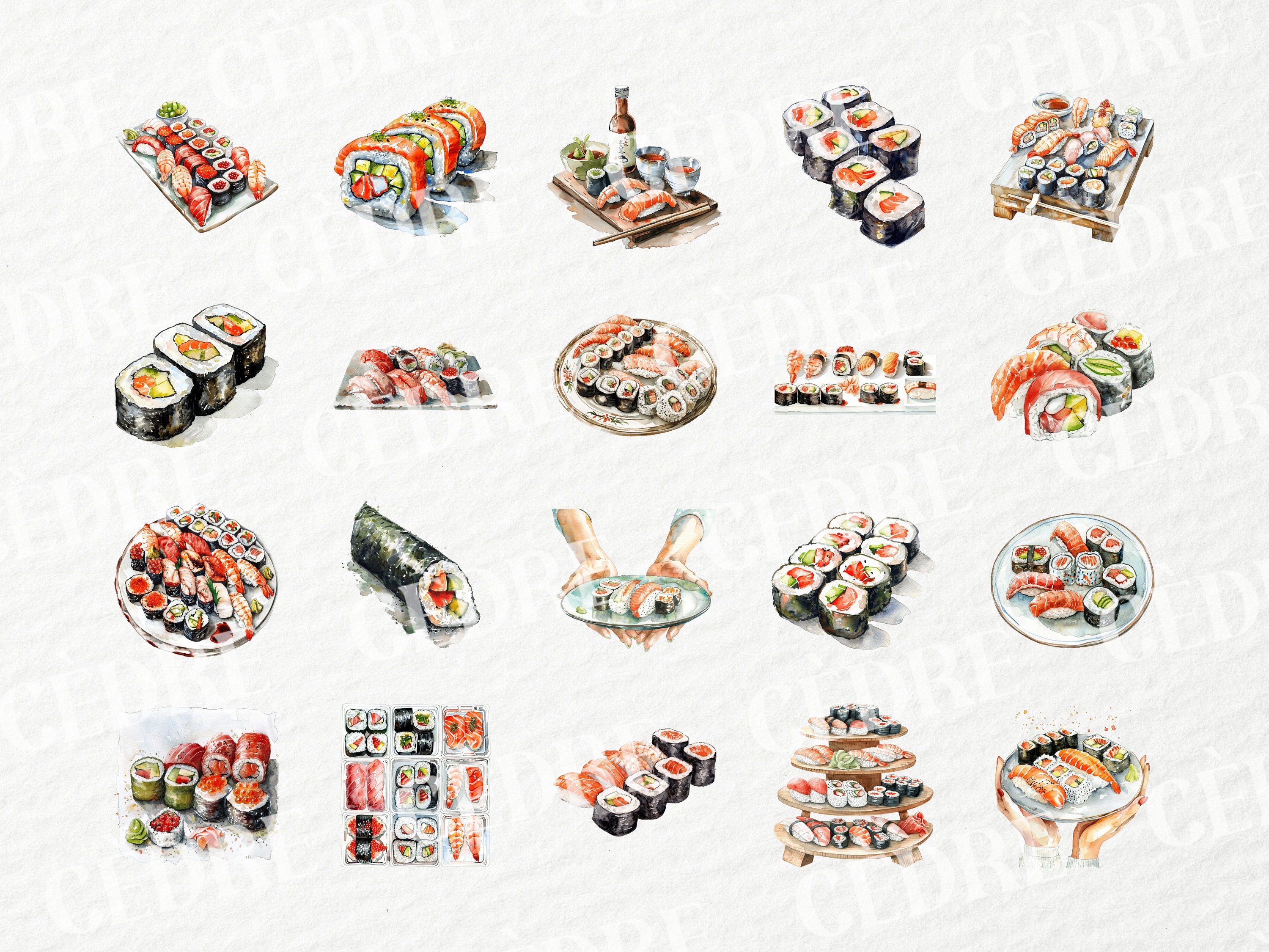 Watercolor Sushi Clipart, Sushi Platter Clipart, Assorted Sea Food ...