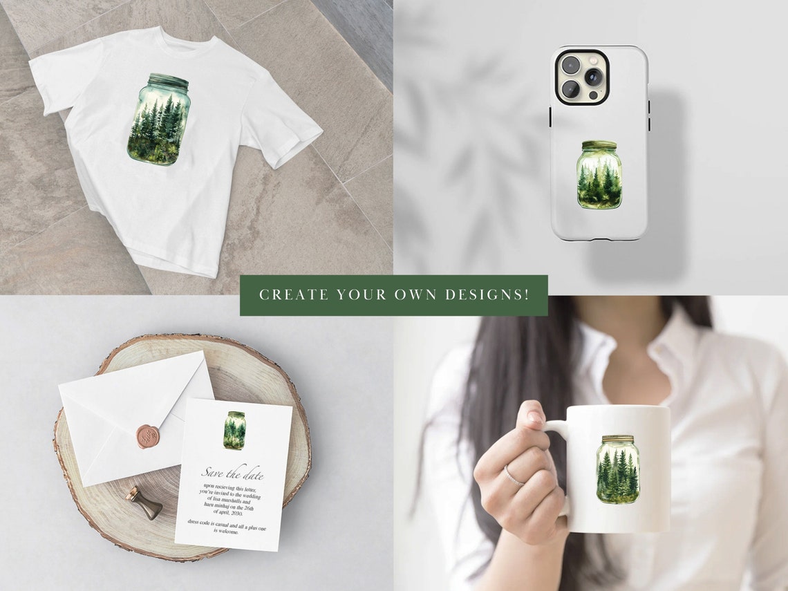 Watercolor Woods in Jar Clipart, Woodland Forest Jar Clipart, Pine ...