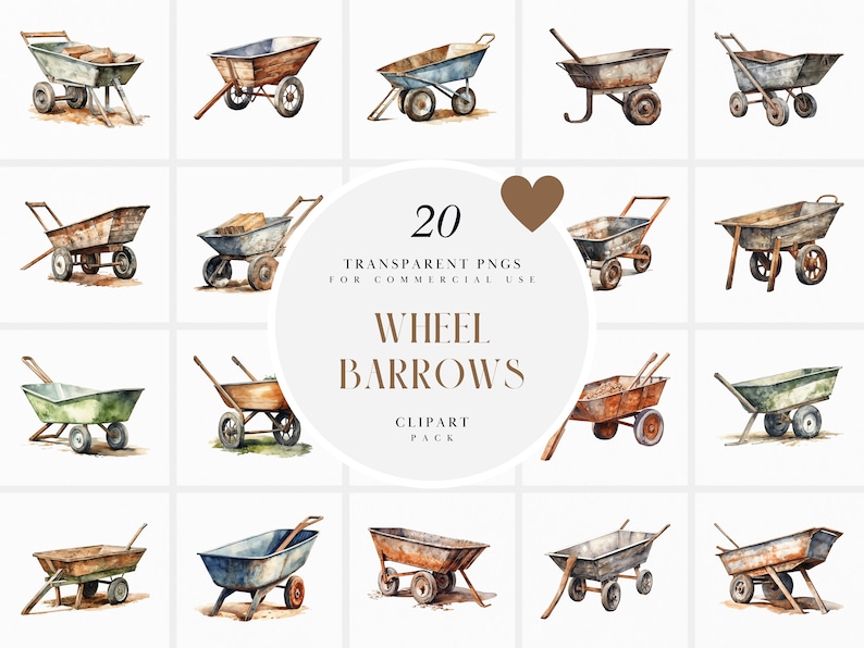 Watercolor Rustic Wheel Barrow Clipart, Old Wheel Barrows Clipart ...