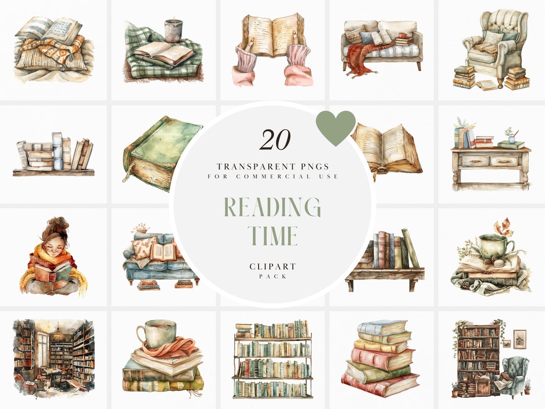 Watercolor Reading Time Clipart, Bookworm Book Lover, Whimsical ...