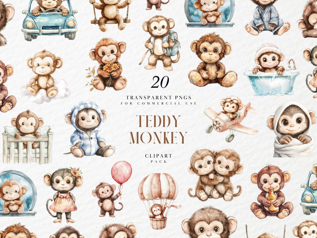 Watercolor Teddy Monkey Clipart, Adorable Baby Monkey, Stuffed Animal ...