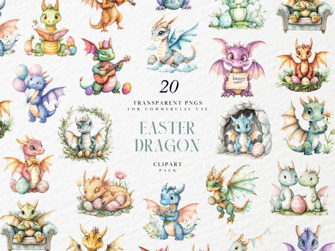 Watercolor Pastel Easter Baby Dragon Clipart, Cute Adorable Baby Dragon ...
