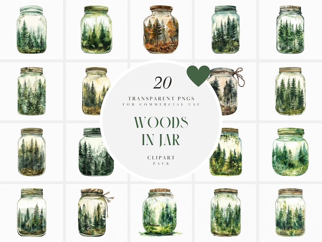 Watercolor Woods in Jar Clipart, Woodland Forest Jar Clipart, Pine ...