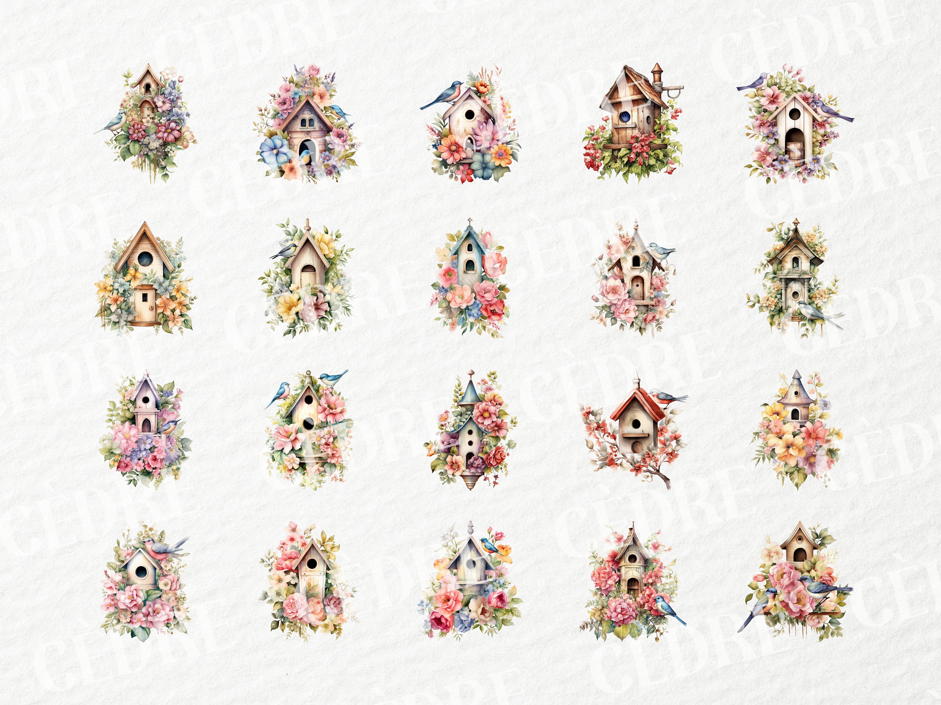 Watercolor Floral Birdhouse Clipart, Floral Garden Birdhouses Clipart ...
