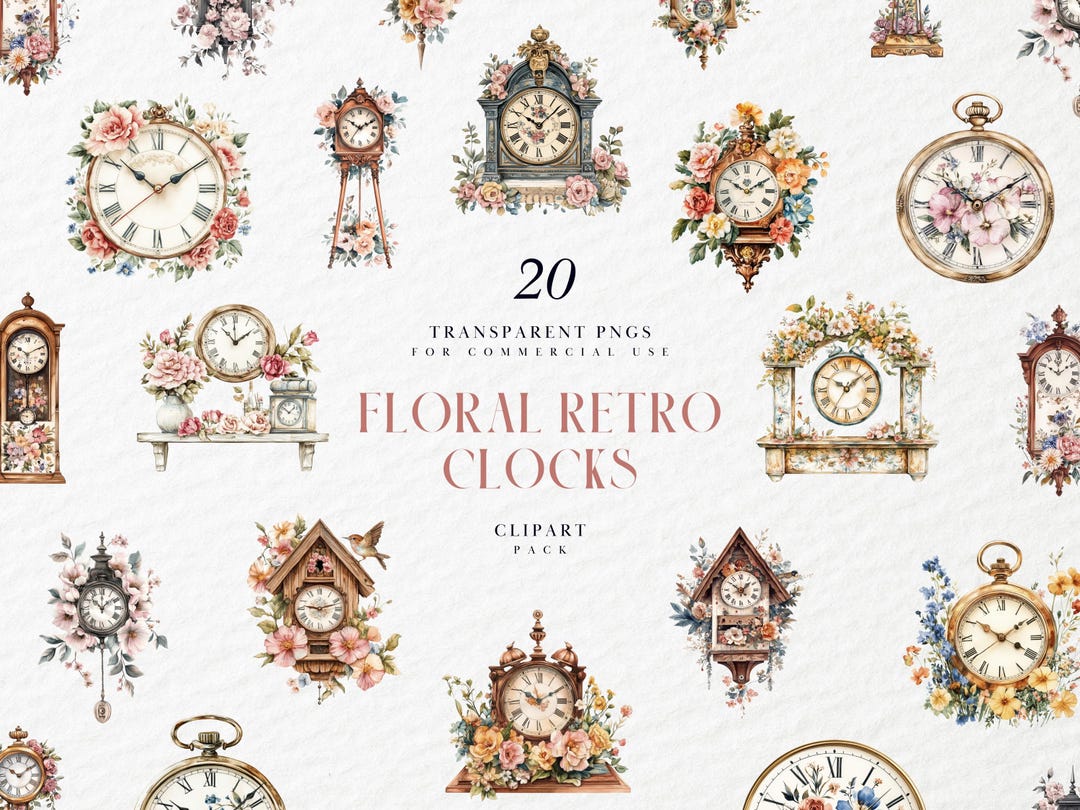 Watercolor Floral Retro Clock Clipart, With Flowers, Vintage Bed Alarm ...