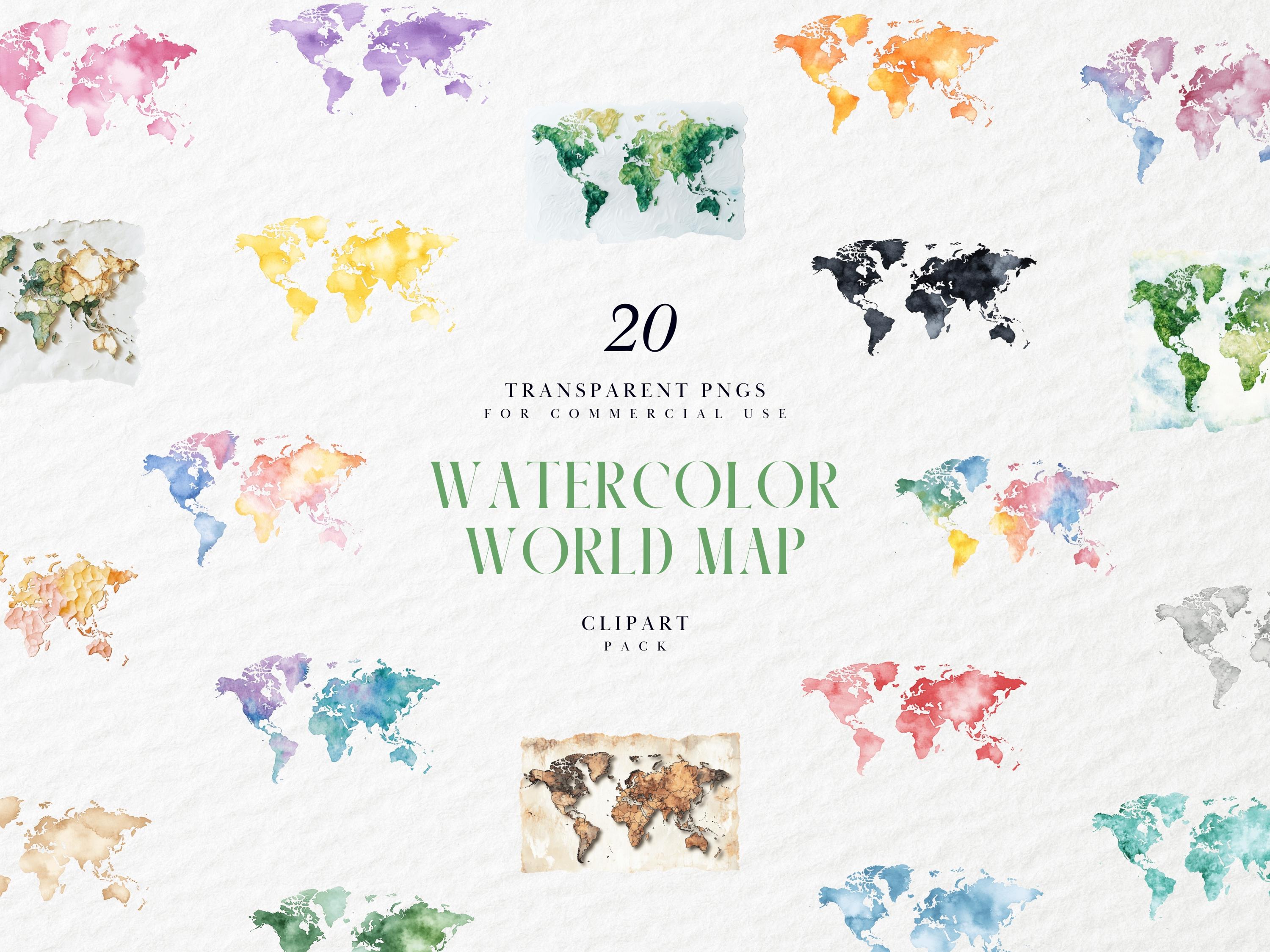 Watercolor World Map Clipart, Pastel Silhouette, Discover World ...