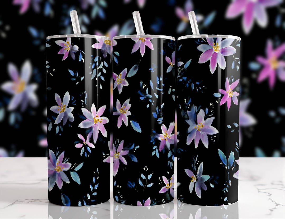 20 Oz Skinny Tumbler Wrap, Black Flowers, Gothic Floral Art, Straight ...