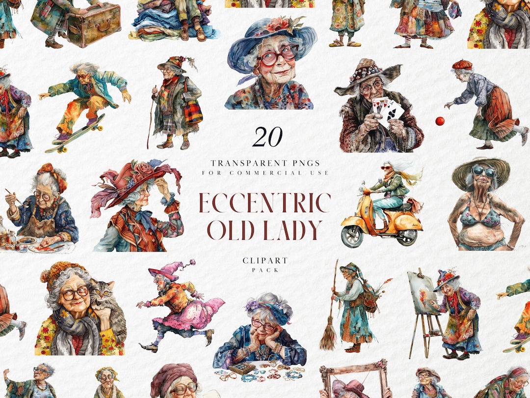 Watercolor Eccentric Old Lady Clipart, Quirky Grandma Illustration ...