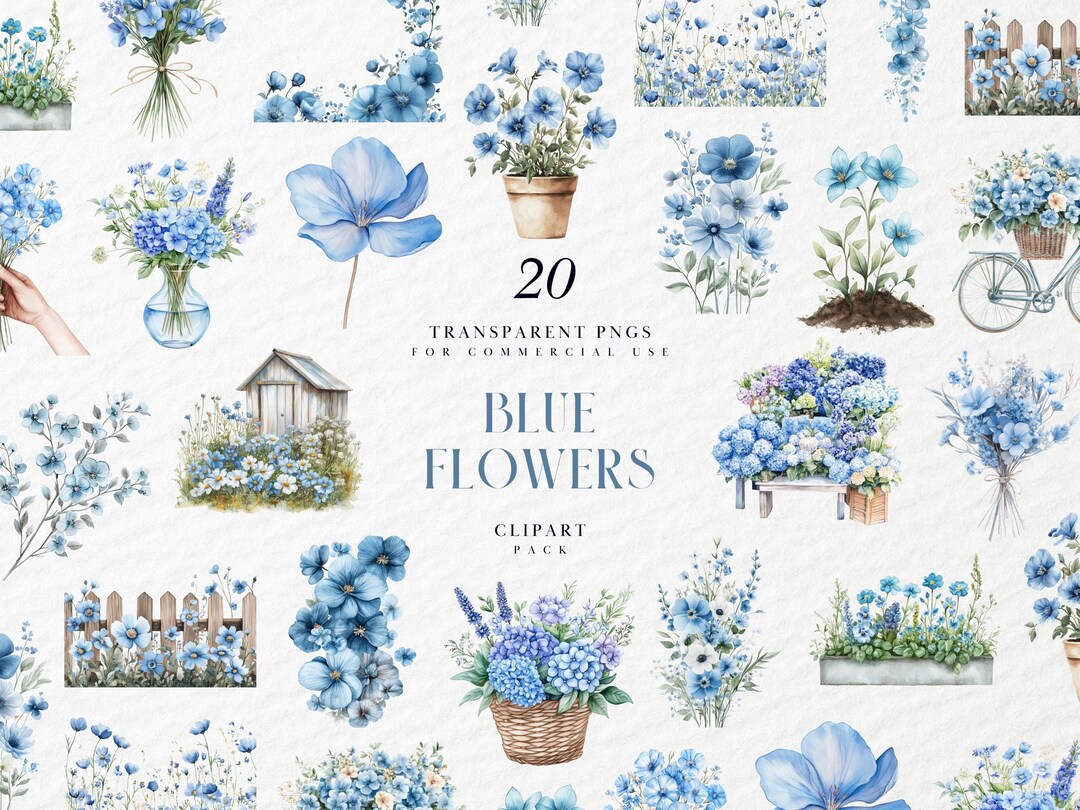 Watercolor Blue Flowers Clipart, Indigo Botanical Bloom Art, Elegant ...