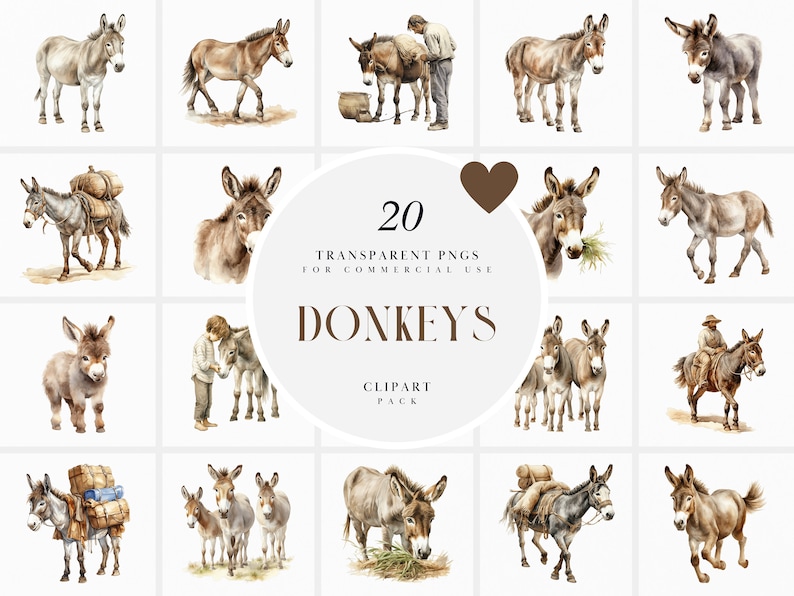 Watercolor Donkey Clipart, Donkeys Clipart, Happy Funny Donkey Clipart, Pet Baby Farm Donkey ...