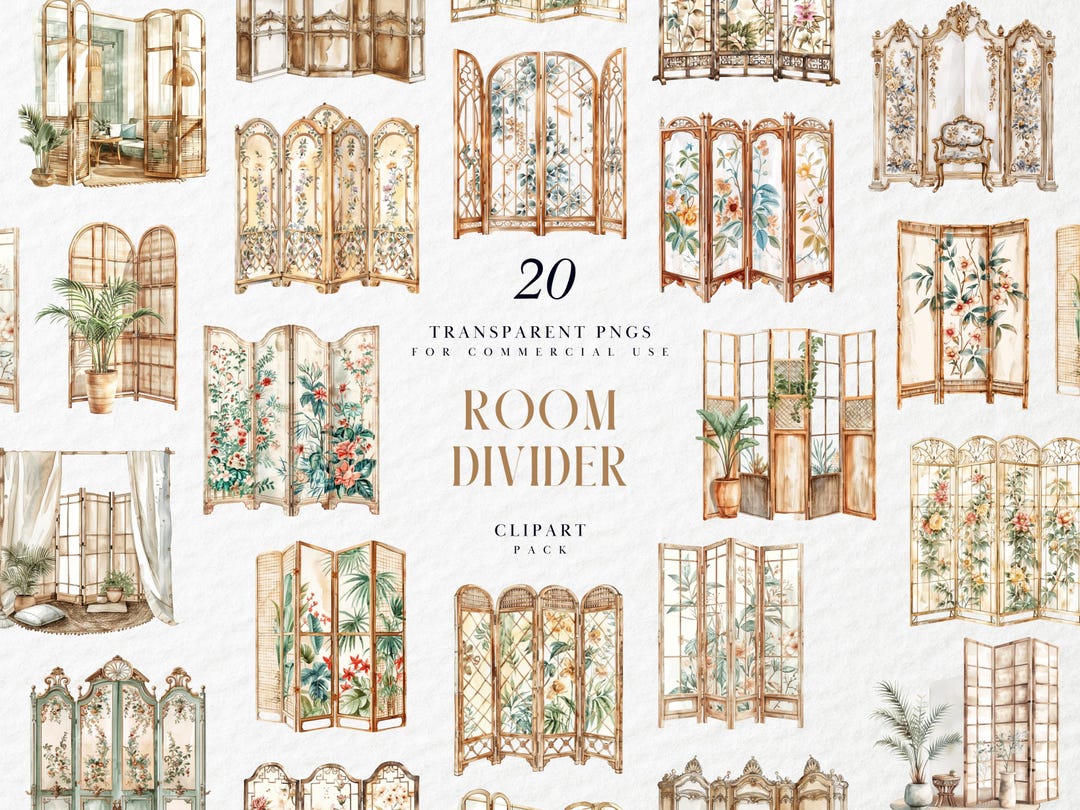 Watercolor Cozy Room Divider Clipart, Floral Room Screen, House, Home ...