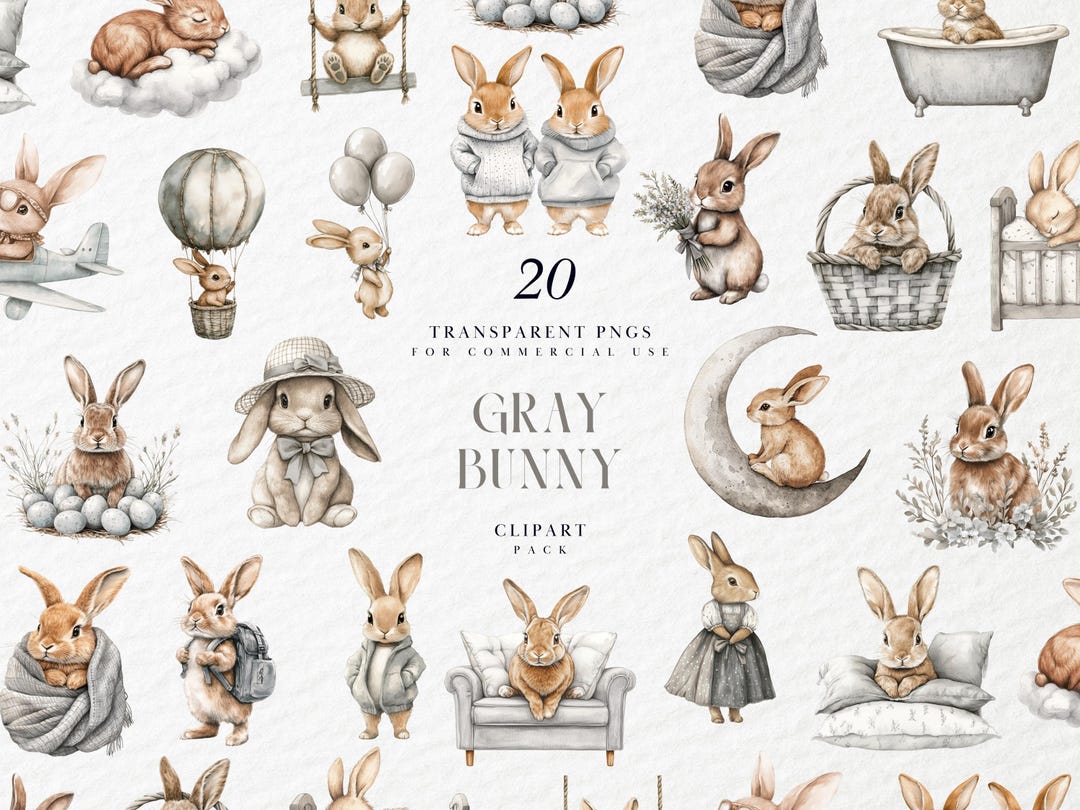 Watercolor Gray Bunny Clipart, Fairy Easter Art, Spring Nursery Animal ...