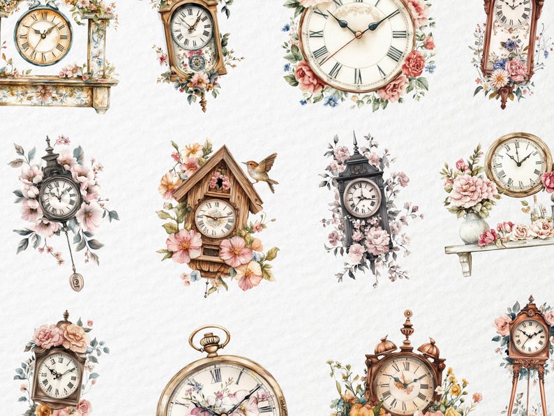 Watercolor Floral Retro Clock Clipart, With Flowers, Vintage Bed Alarm ...