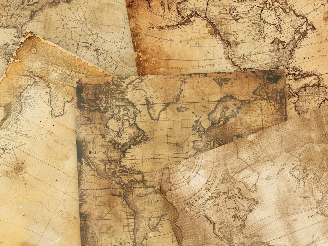 Aged Map Digital Papers, Stained Old Map Digital Patterns, Vintage Map ...