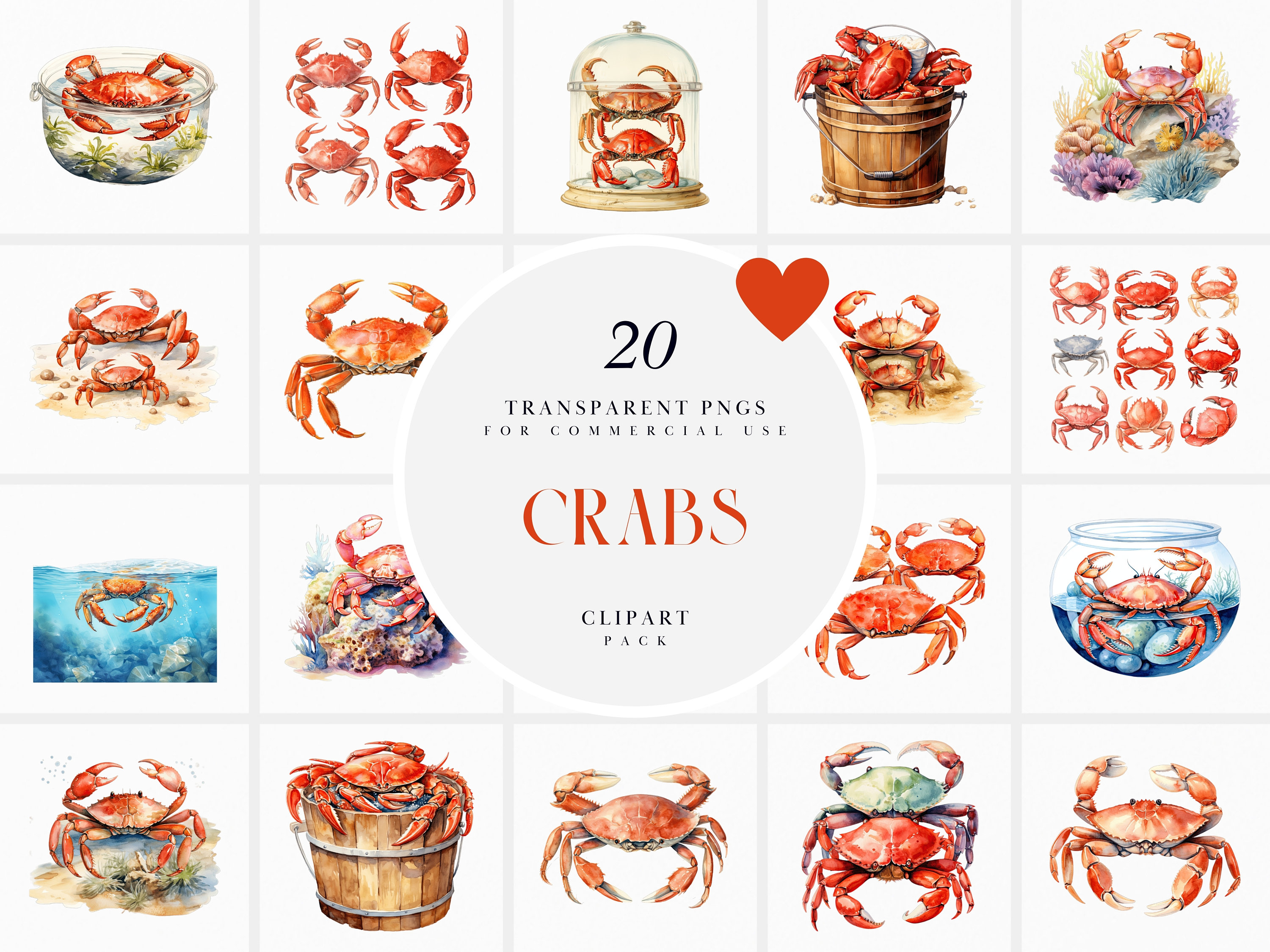 Watercolor Crab Clipart, Sea Life Crabs Clipart, Under the Sea ...