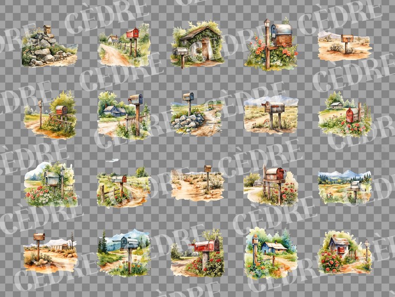 Watercolor Rural Mail Box Clipart, Countryside Mail Boxes Clipart ...