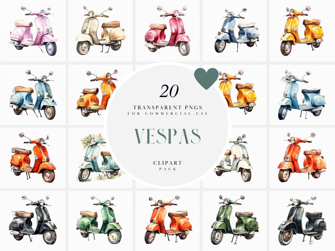 Watercolor Vespas Clipart, Italian Vespa Clipart, Electric Scooter ...