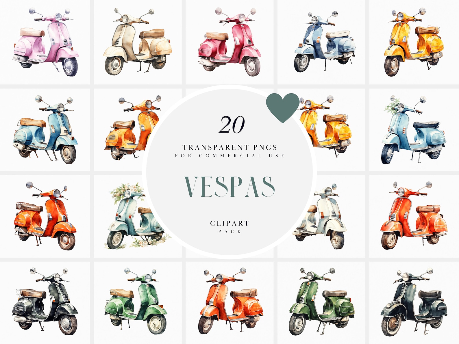 Watercolor Vespas Clipart, Italian Vespa Clipart, Electric Scooter ...