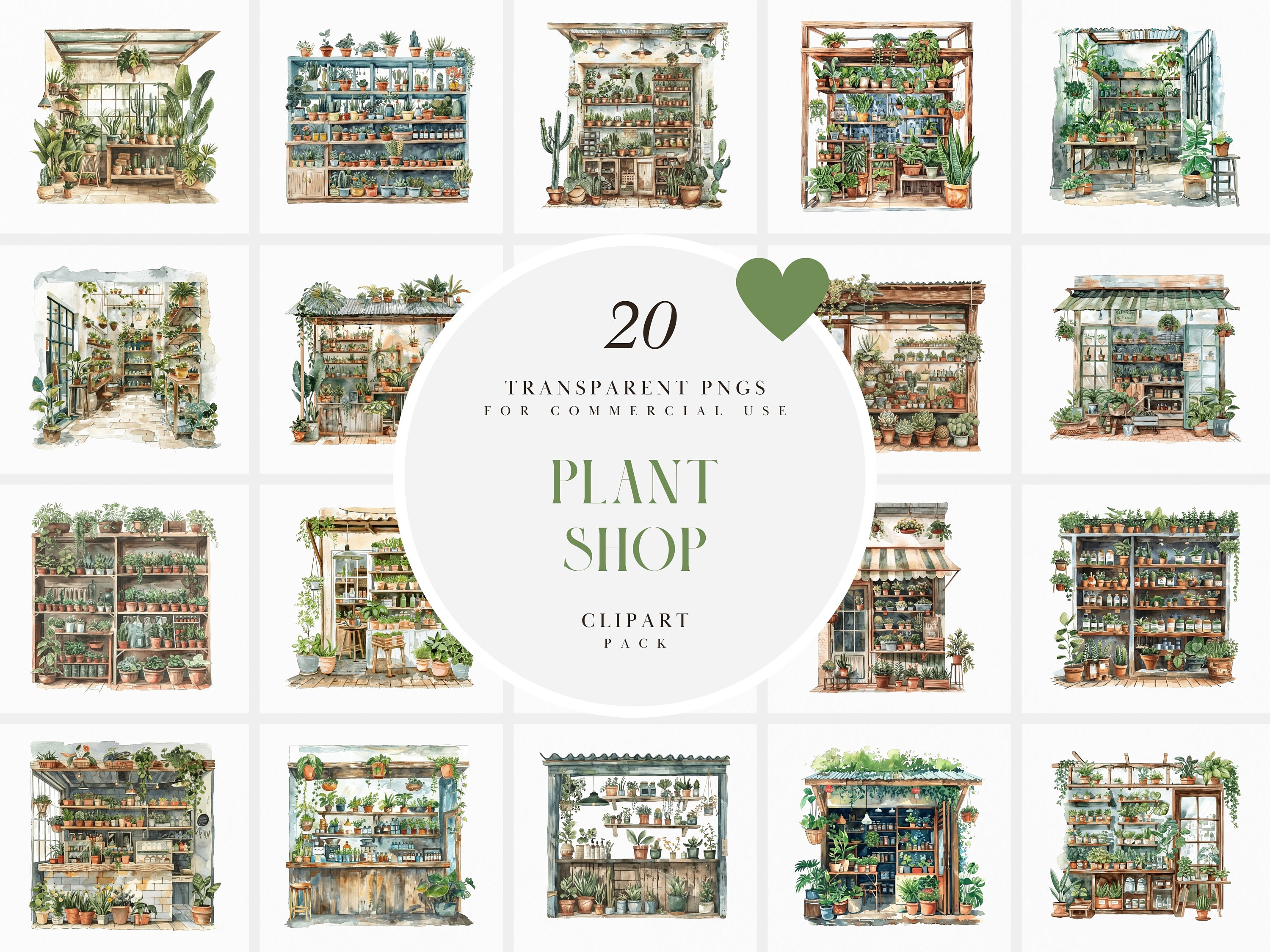 Watercolor Plant Shop Clipart, Rustic Plant Store Clipart, Greenhouse ...