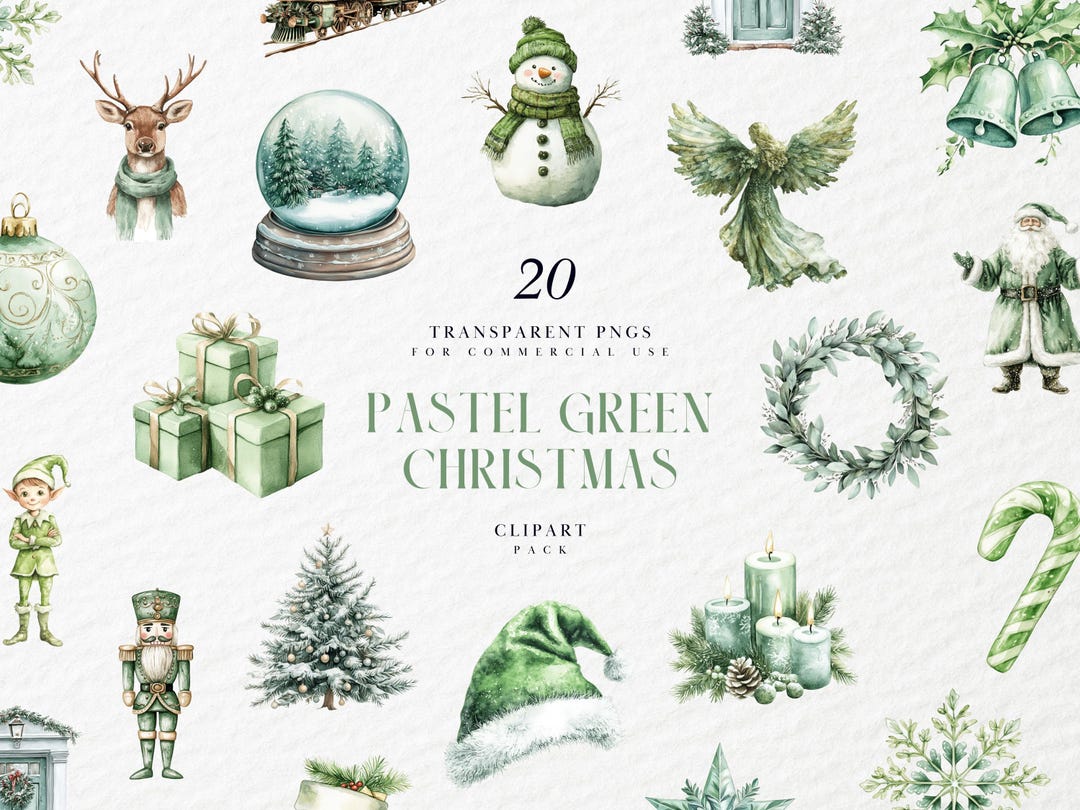 Watercolor Pastel Green Christmas Clipart, Elements, Elf Santa, Tree ...