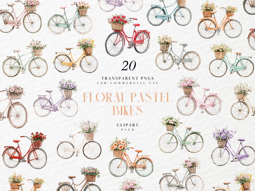 Watercolor Floral Pastel Bikes Clipart, Romantic Spring Bicycle With ...