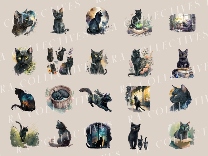 Watercolor Black Cats Clipart Cute Kitten Clip Art Celestial - Etsy