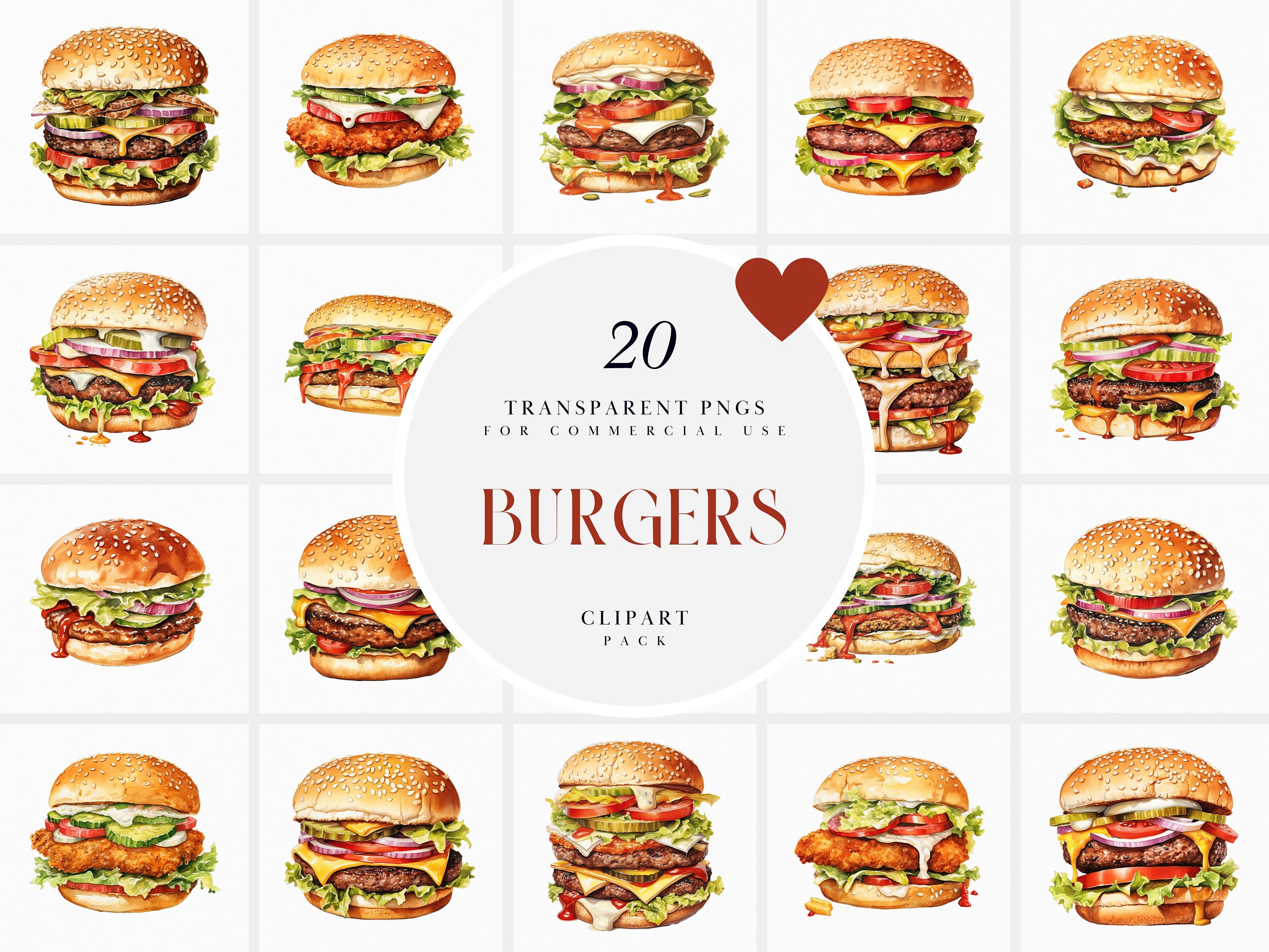 Watercolor Hamburger Clipart, Cheeseburger Clipart, Burgers Clipart ...