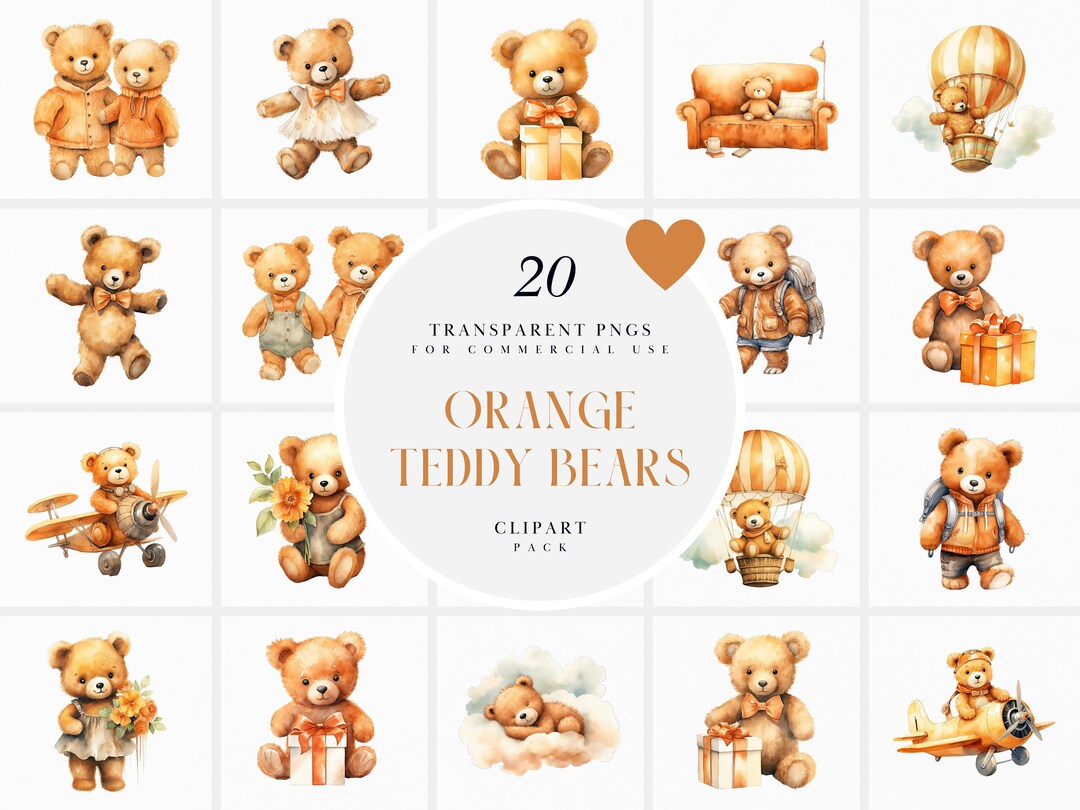 Watercolor Orange Teddy Bears Clipart, Orange Nursery Teddy Bear ...