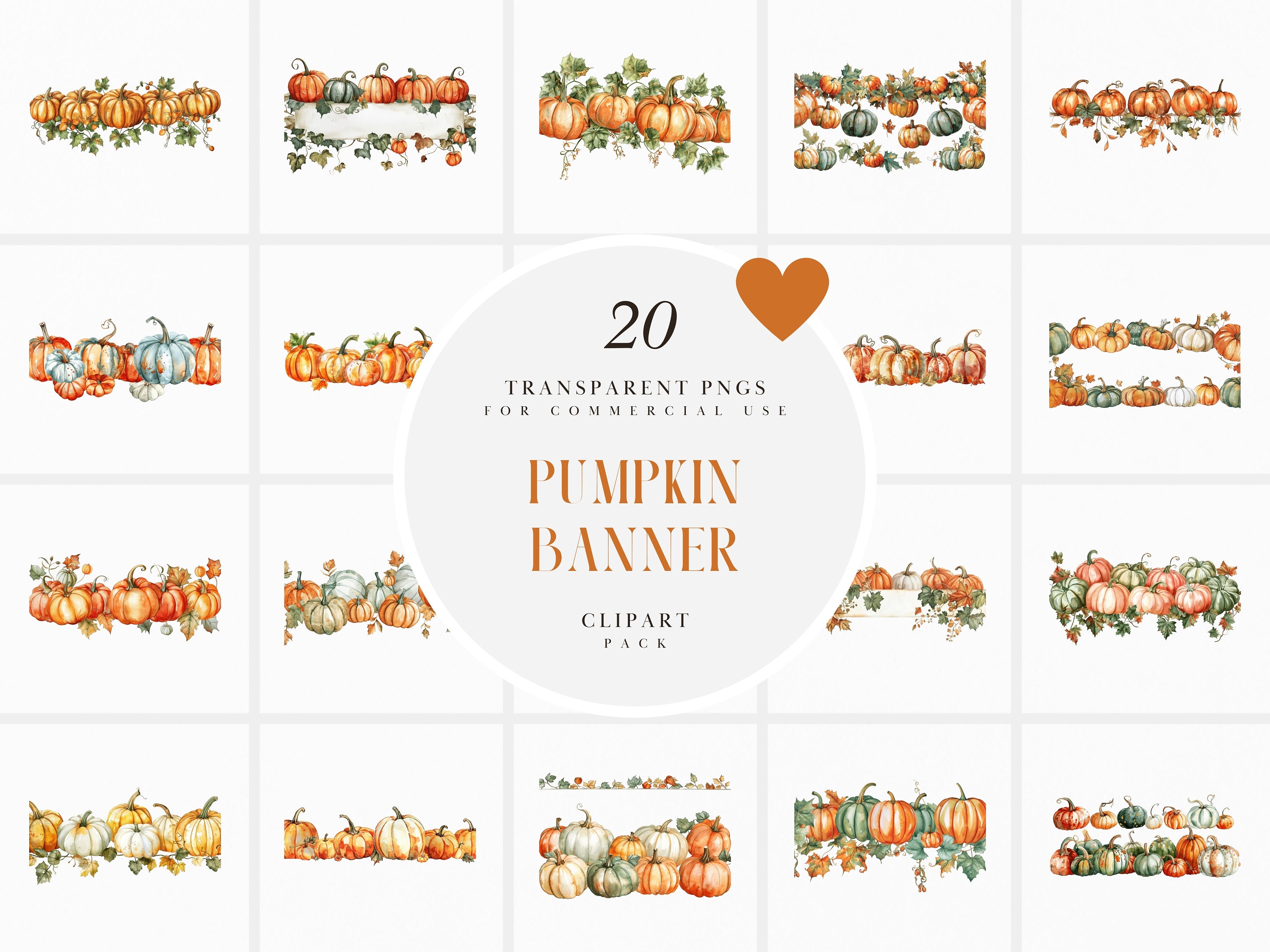 Watercolor Horizontal Pumpkin Banner Clipart, Pumpkin Banners Clipart ...