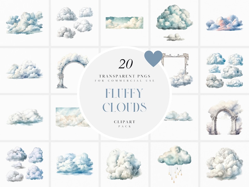 Watercolor Fluffy Clouds Clipart, Realistic White Clouds Clipart ...