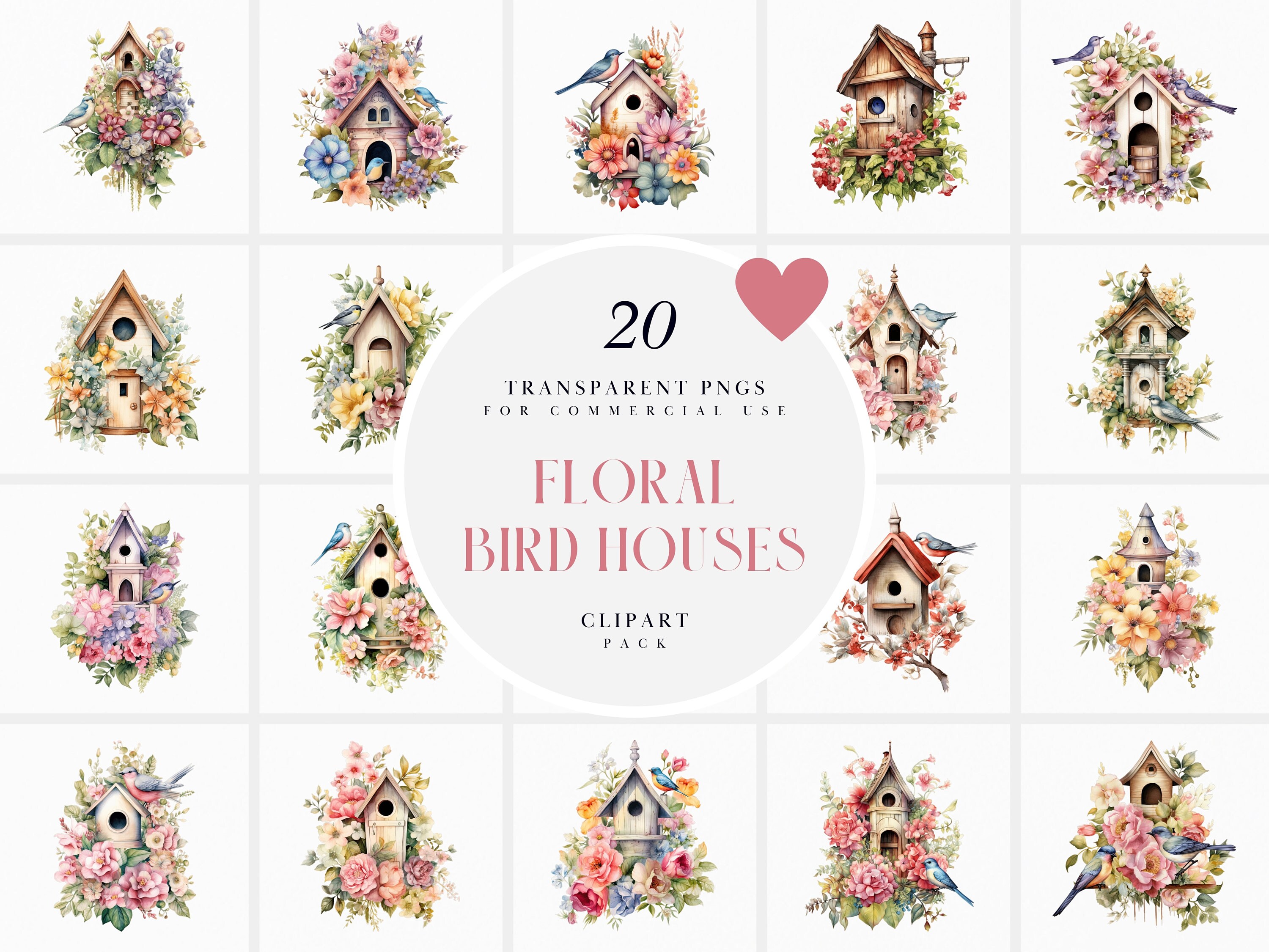 Watercolor Floral Birdhouse Clipart, Floral Garden Birdhouses Clipart ...