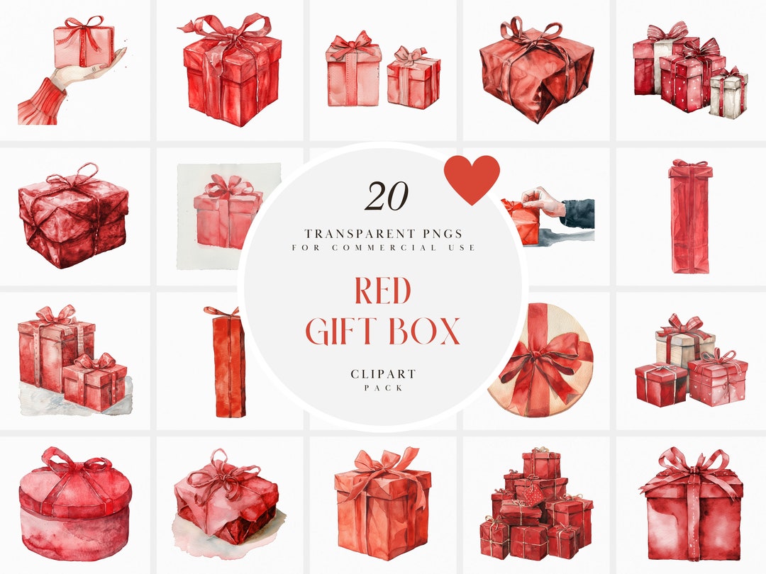 Watercolor Red Gift Box Clipart, Red Present Clipart, Wrapped Gift ...