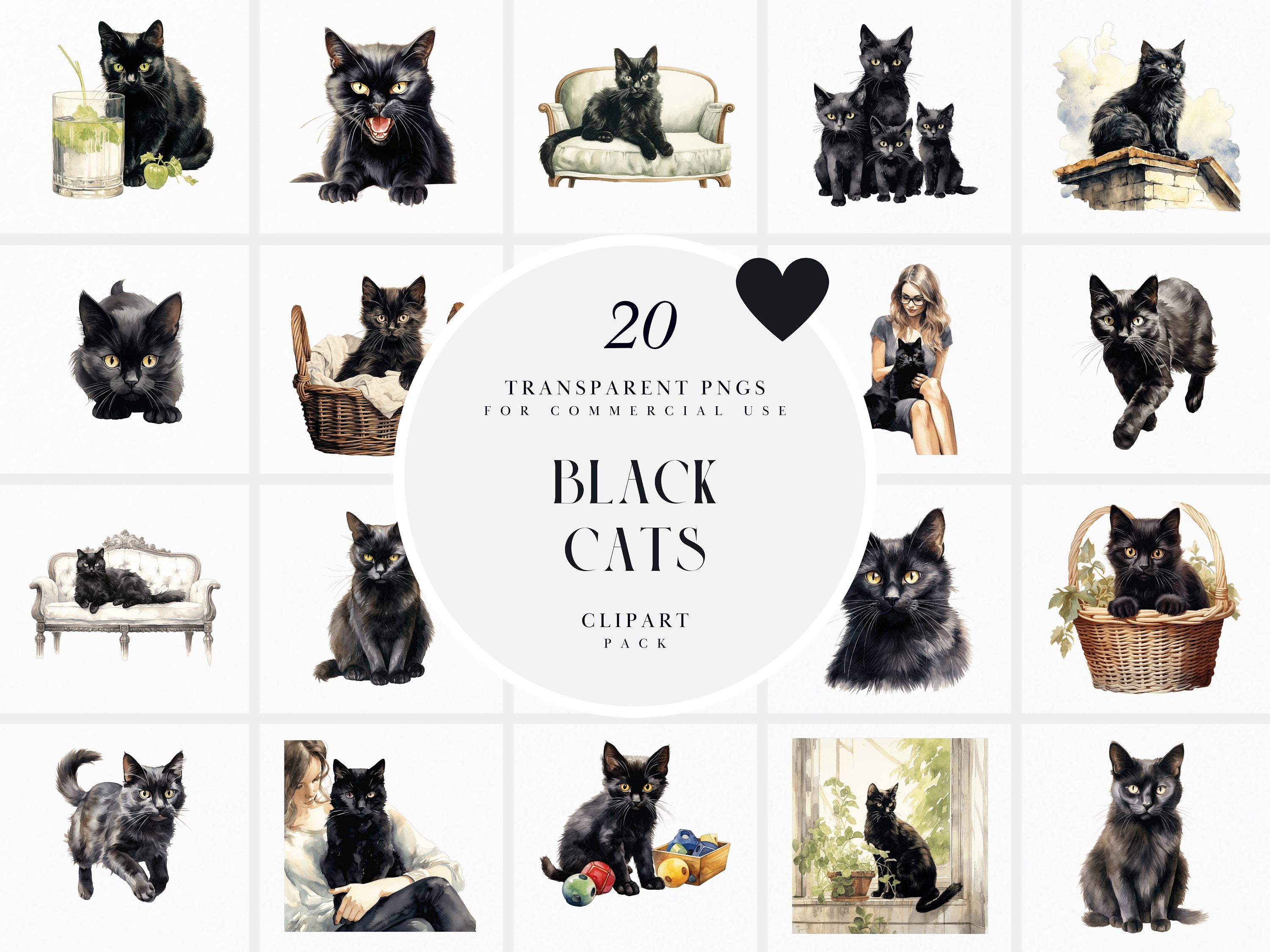 Watercolor Black Cat Clipart, Cute Black Cats Clipart, Pet Home Cat ...
