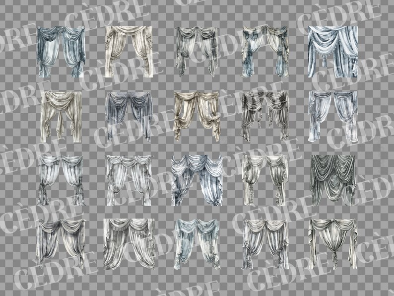 Watercolor Gray Drapes Clipart, Window Drape Clipart, Card Making ...